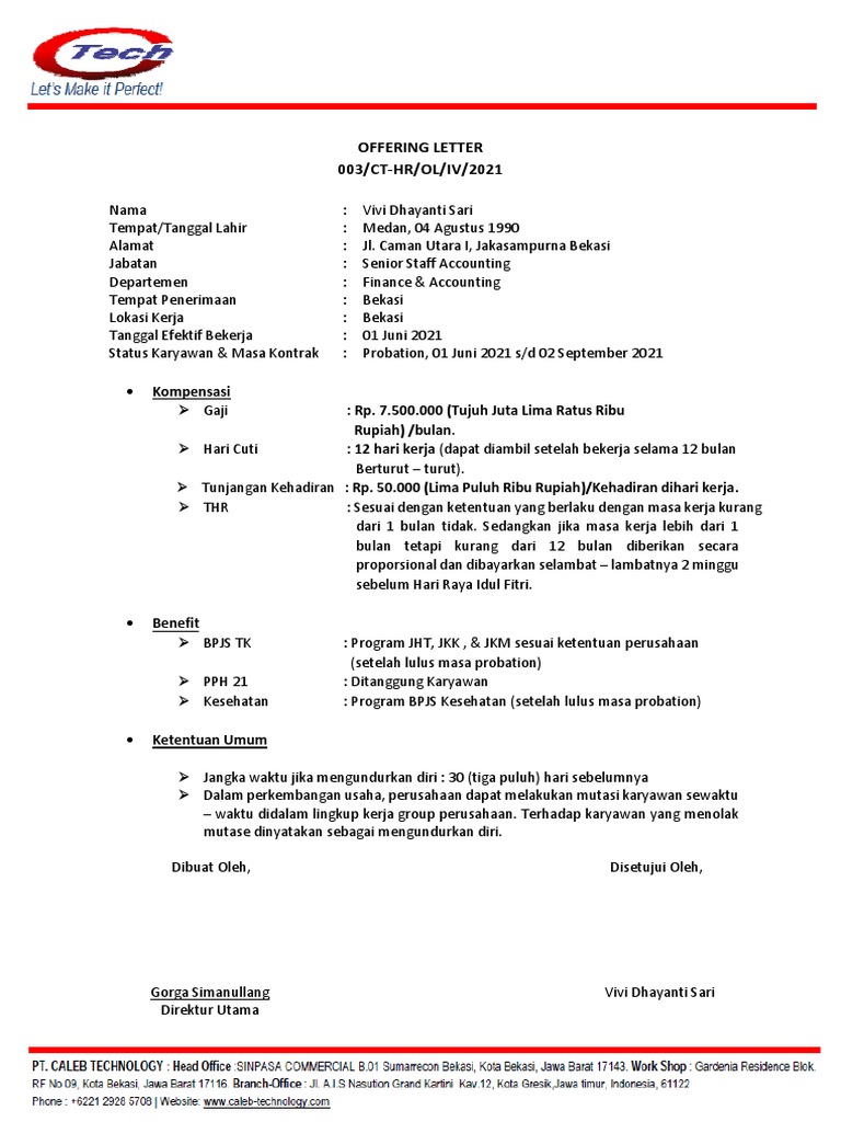 Contoh Surat Offering Letter Karyawan | PDF