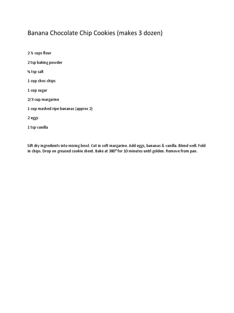Banana Chocolate Chip Cookie Recipe | PDF | Cooking, Food & Wine | Home ...