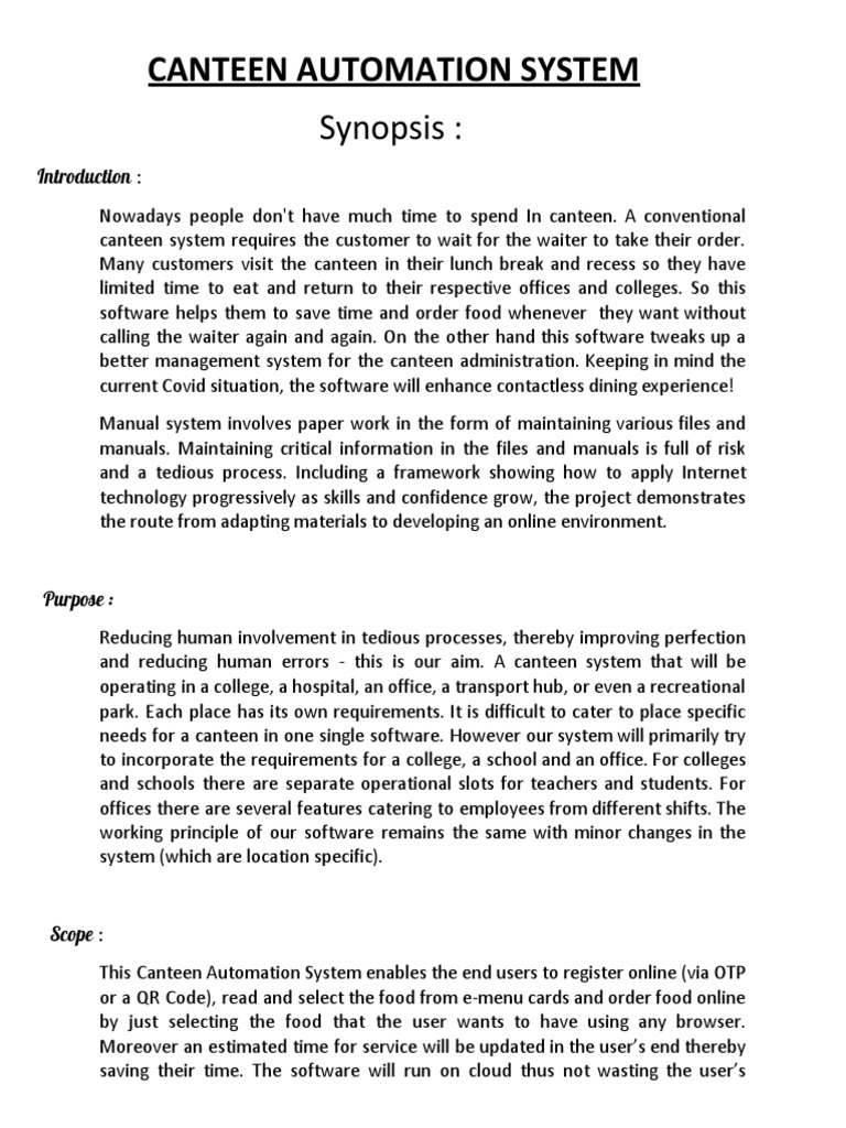 SYNOPSIS For CANTEEN AUTOMATION SYSTEM | PDF | Automation | Cloud Computing