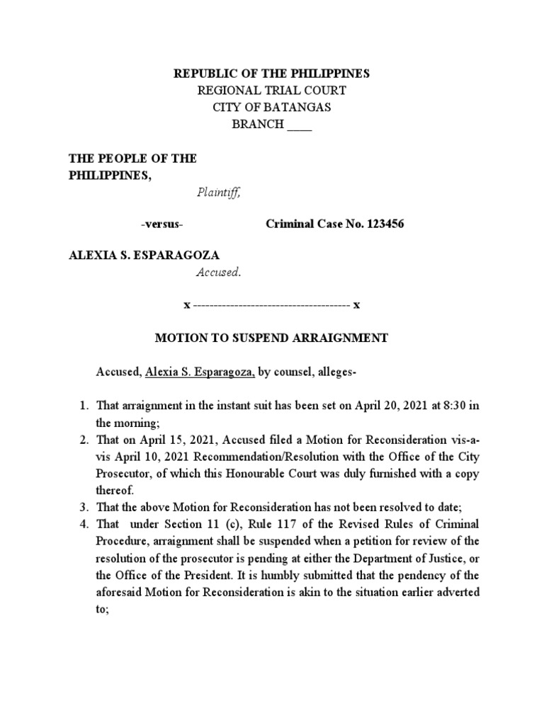 Motion To Suspend Arraignment | PDF | Arraignment | Prosecutor