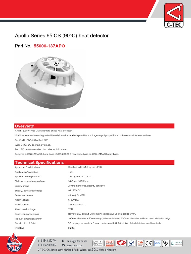 Apollo Series 65 CS (90°C) Heat Detector CTEC - 55000-137APO - Datasheet - 2020-04-03 | PDF ...