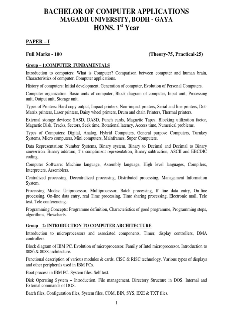 Bachelor of Computer Applications Hons. 1 Year: Magadh University, Bodh ...