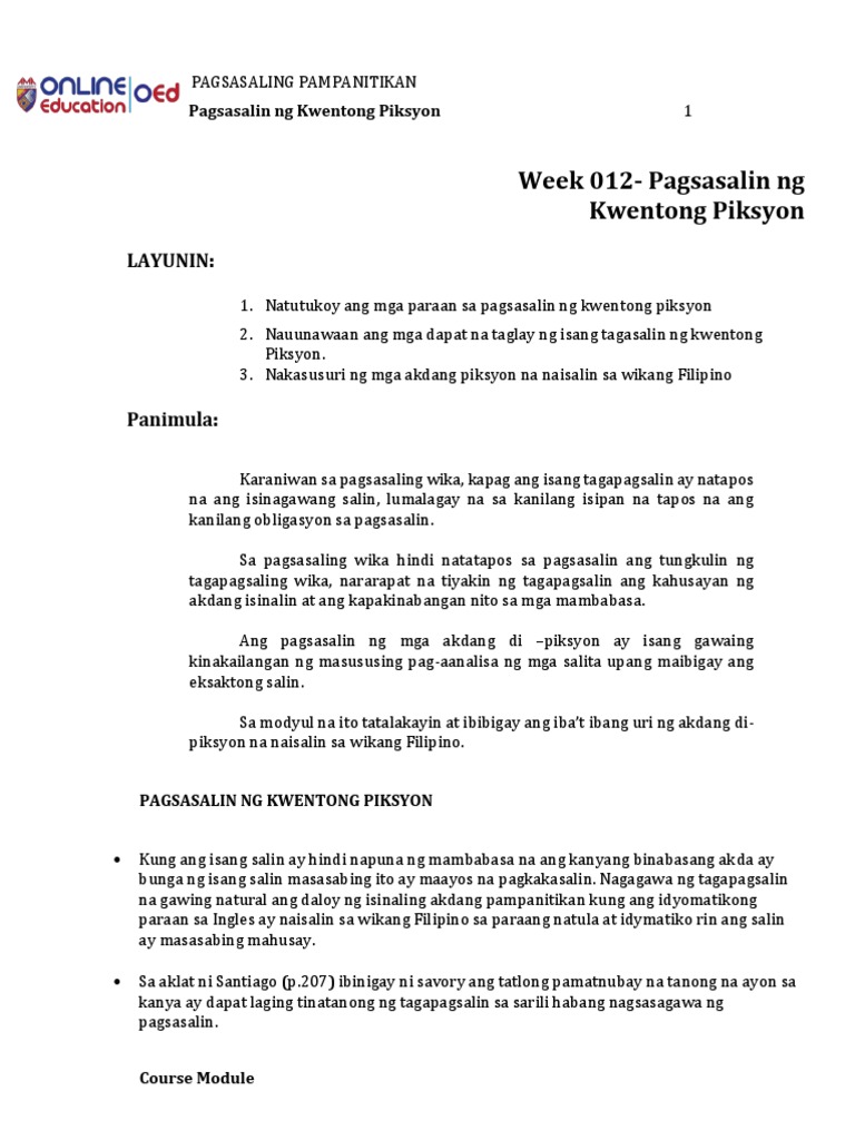 W13 Lesson 10 - Pagsasalin NG Piksyon - Module PDF | PDF