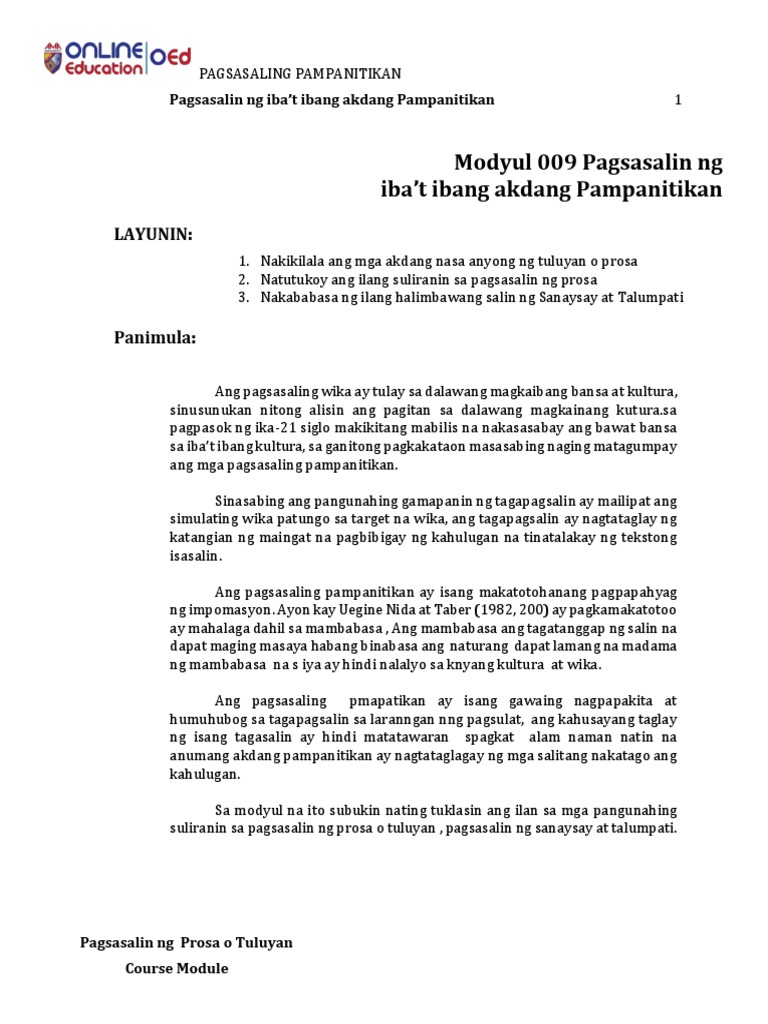 W11 Lesson 9 - Pagsasalin NG Ibang Pampanitikan - Module PDF | PDF