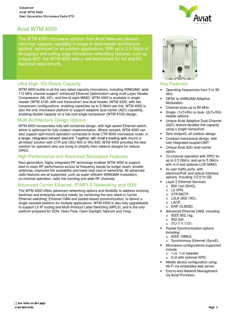 Aviat WTM 4000: Ultra-High, 5G-Ready Capacity Key Features | PDF | Ethernet | Computer Network