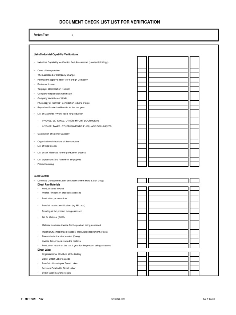 Document Check List List For Verification: Product Type | PDF | Invoice ...