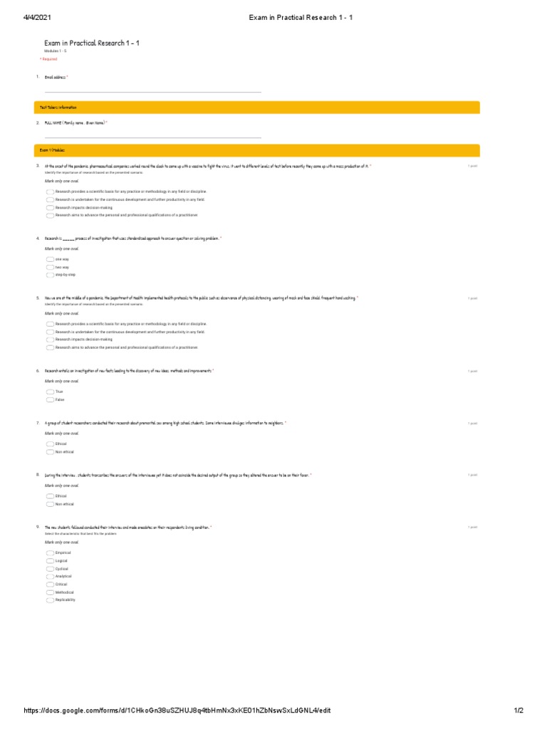 Exam in Practical Research 1 - 1 - Google Forms | PDF | Test ...