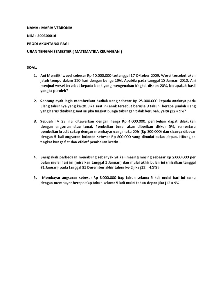 Uts Genap Matematika Keuangan (Maria Vebronia 200500016) | PDF | Hukum