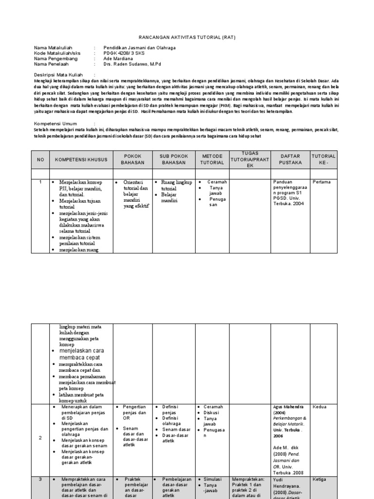 Rancangan Aktivitas Tutorial Penjas SD | PDF