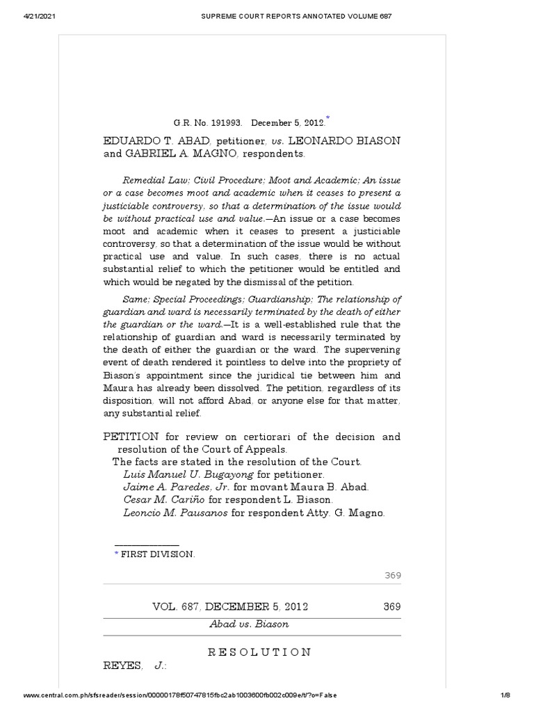 Abad vs. Biason | PDF | Mootness | Legal Guardian