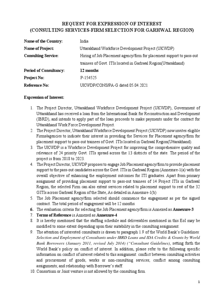 Request For Expression of Interest (Consulting Services-Firm Selection For Garhwal Region) | PDF ...