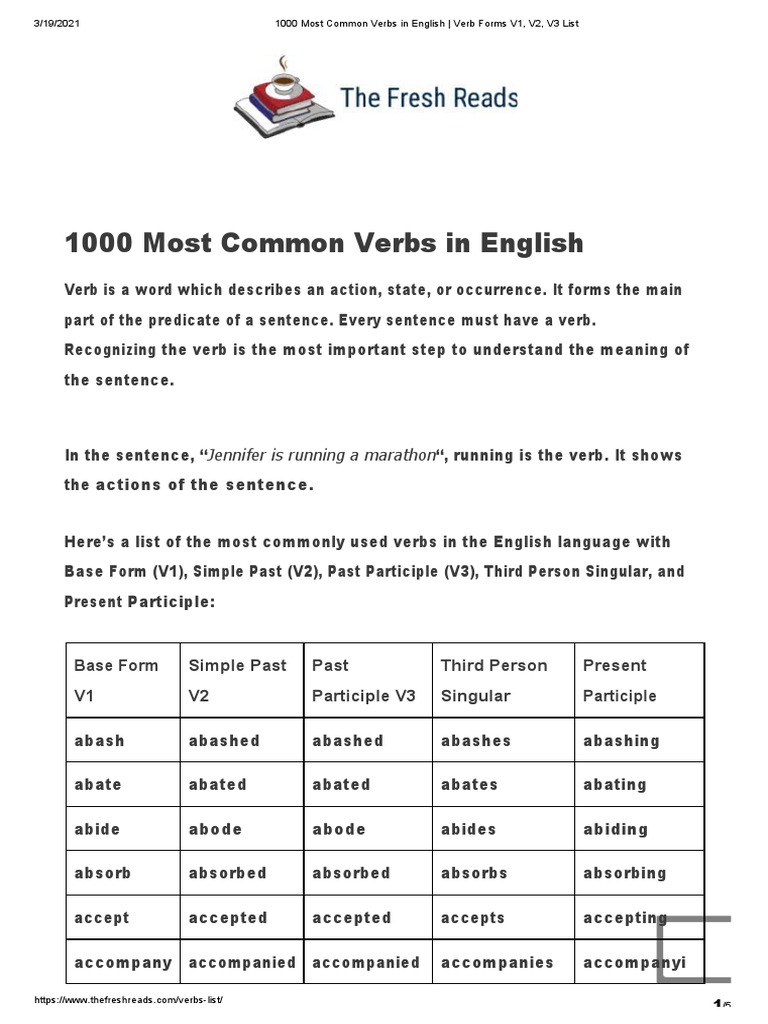1000 Most Common Verbs in English - Verb Forms V1, V2, V3 List | PDF ...