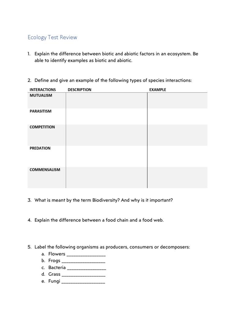 Biology Grade 9 Unit Test Review Sheet | PDF | Ecosystem | Ecology