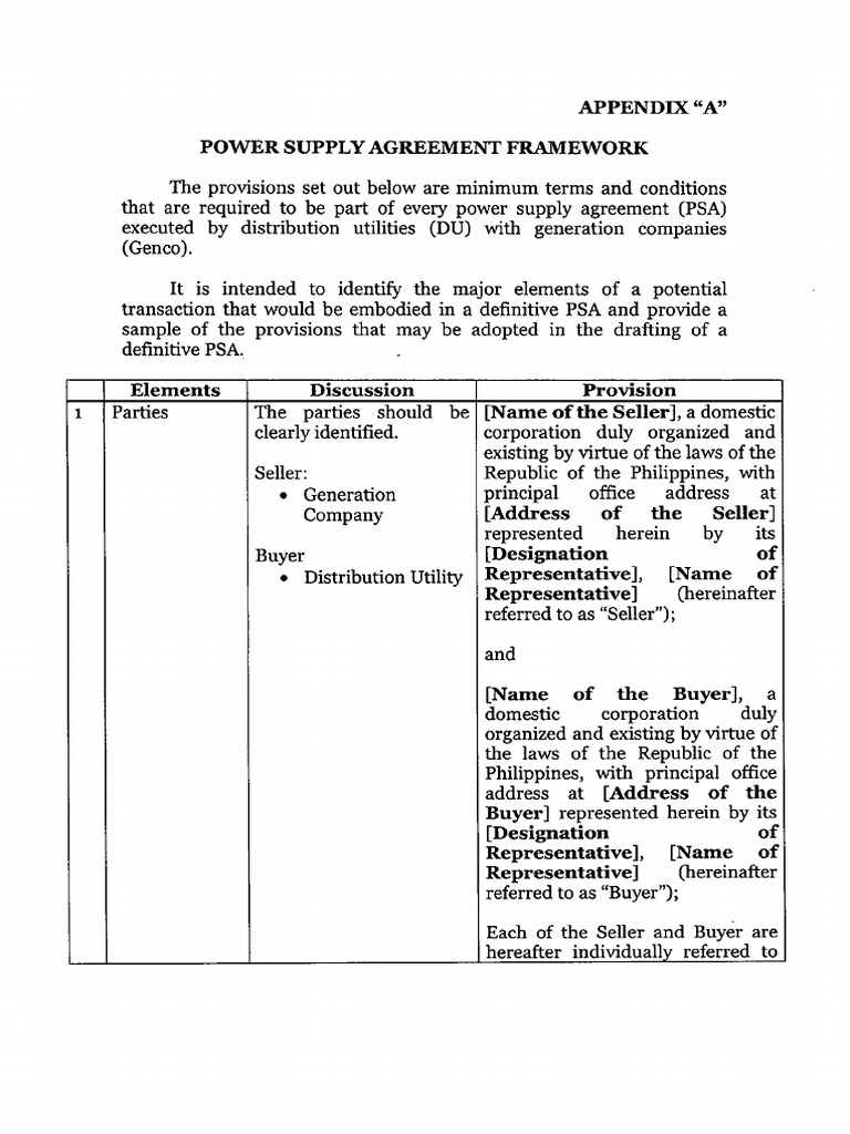 Appendix+a+ +Power+Supply+Agreement+Framework | PDF