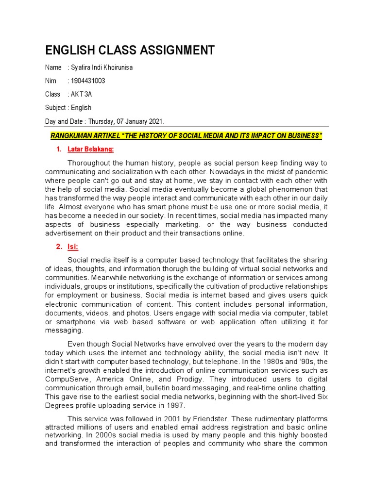 English Class Assignment: Rangkuman Artikel "The History of Social ...