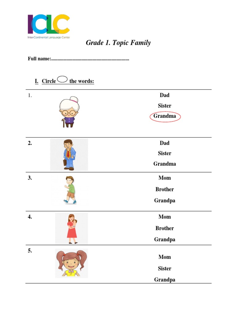 English Grade 1. Topic Family | PDF