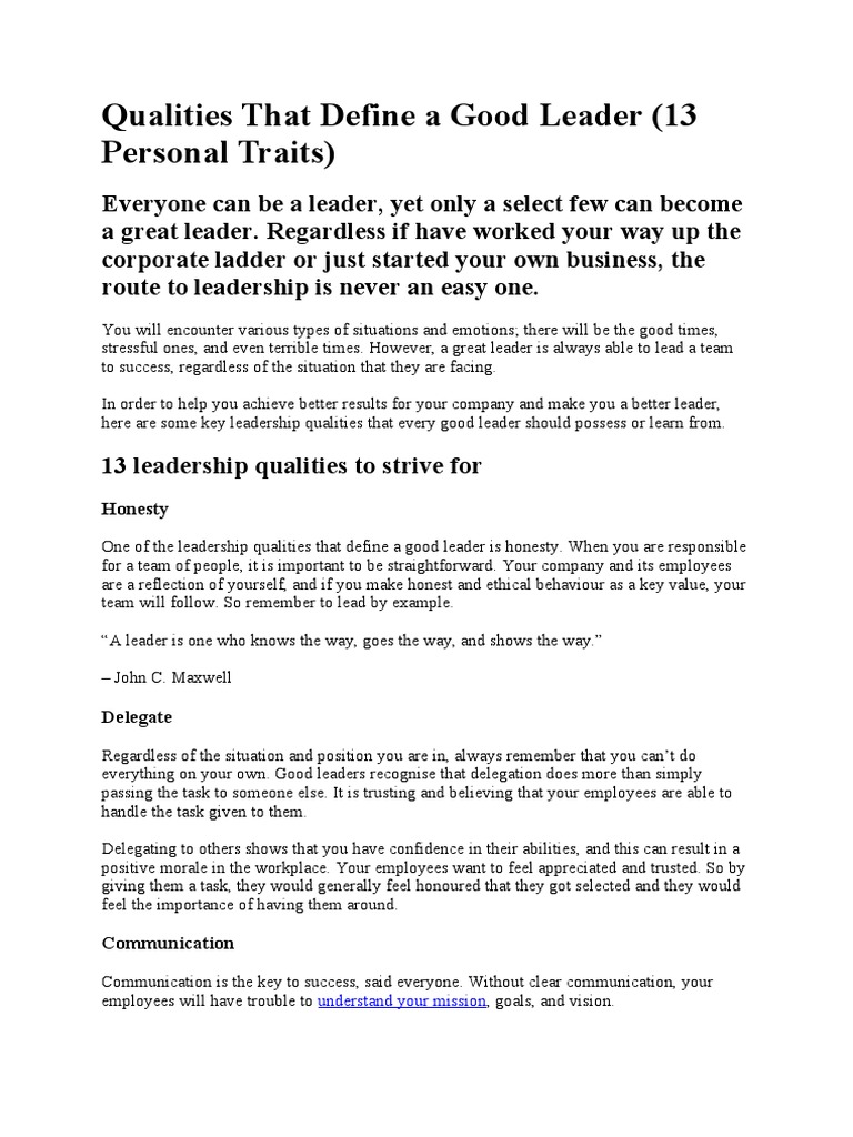 Characteristics of A Goood Leader | PDF | Empathy | Leadership