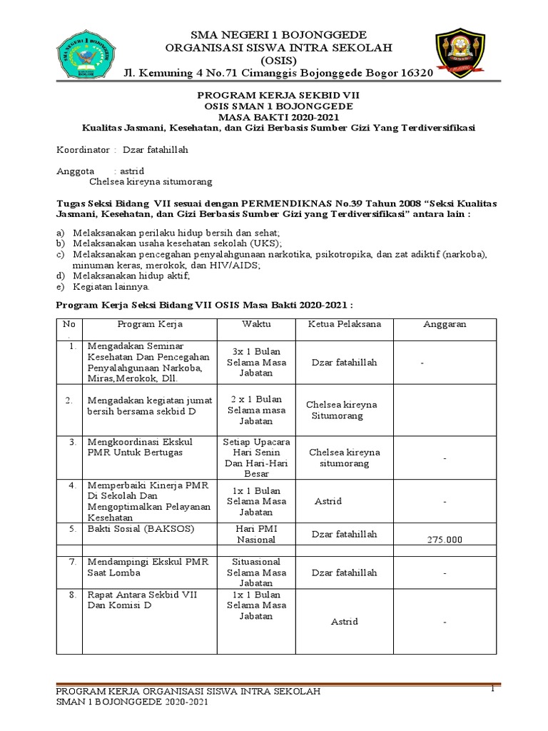 PROGRAM KERJA Sekbid 7 OSIS 2020-2021 | PDF