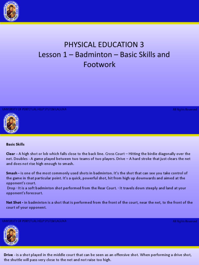 Lesson 1 BADMINTON Basic Skills and Footwork | PDF | Sports | Leisure