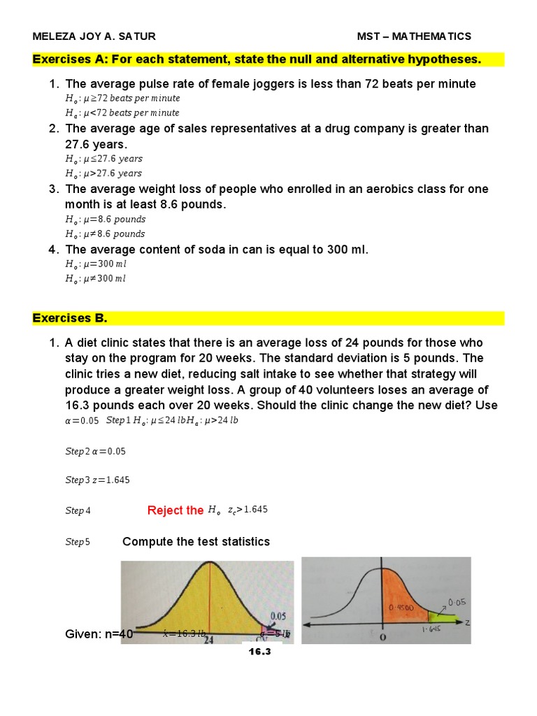 Exercises A: For Each Statement, State The Null and Alternative ...