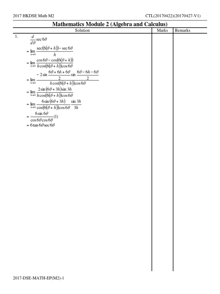 DSE Maths m2 2017 MS | PDF | Trigonometric Functions | Calculus