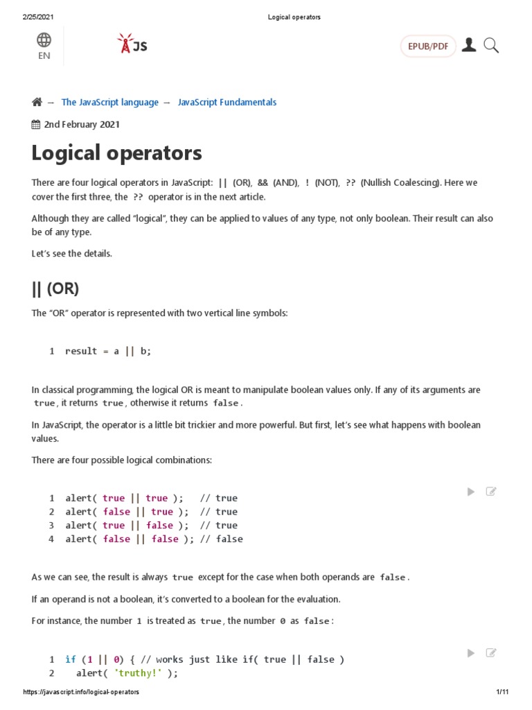 Logical Operators: The Javascript Language Javascript Fundamentals | PDF | Boolean Data Type ...