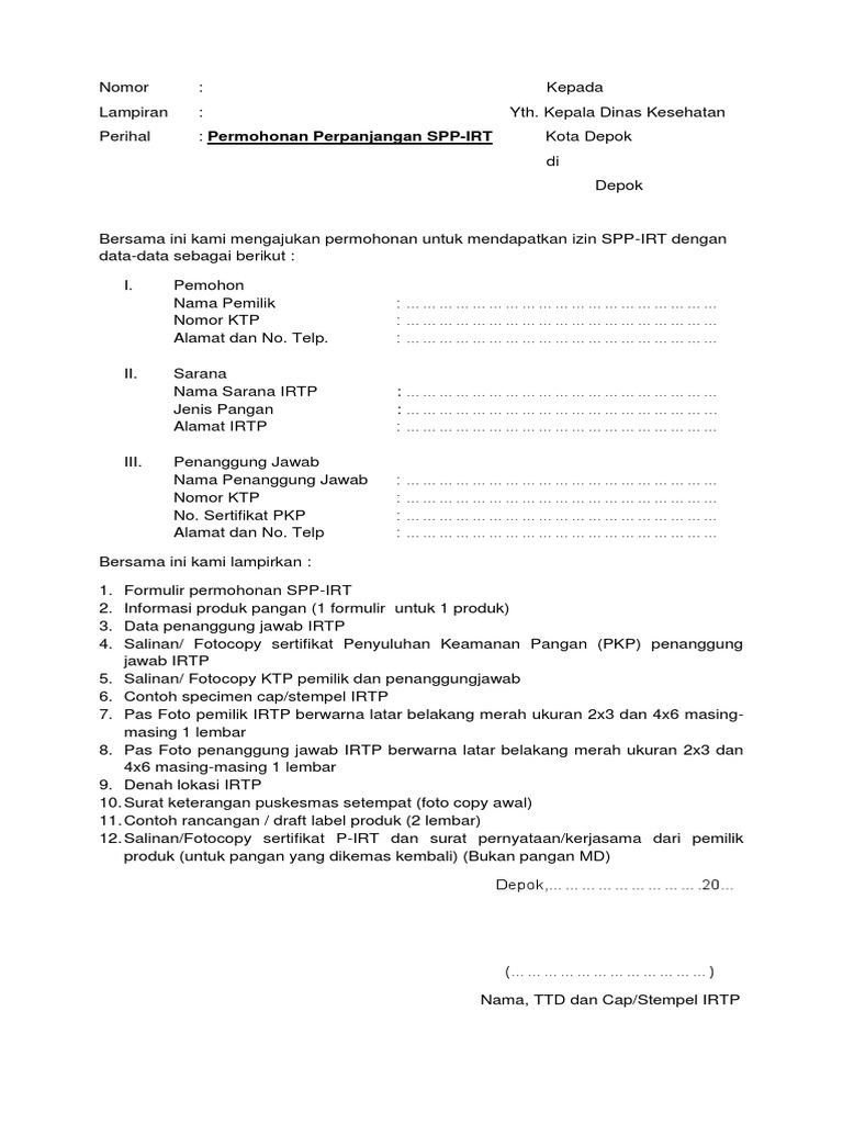 Surat Permohonan Perpanjangan SPP-IRT Ke Kadis PDF | PDF