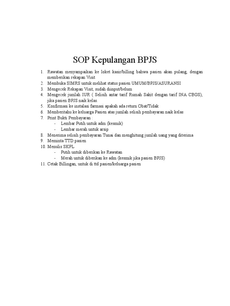 SOP Kepulangan Pasien BPJS | PDF