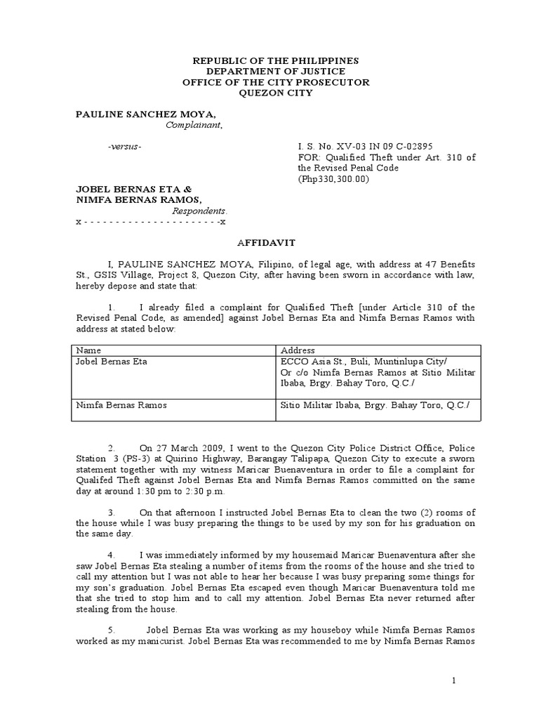 Affidavit Complaint Qualified Theft | PDF | Common Law | Public Law