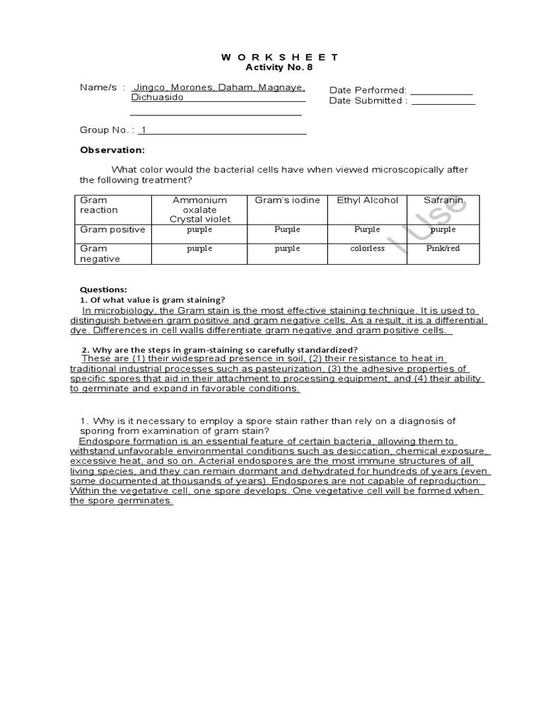 Worksheet Act. 8 | PDF | Staining | Gram Positive Bacteria