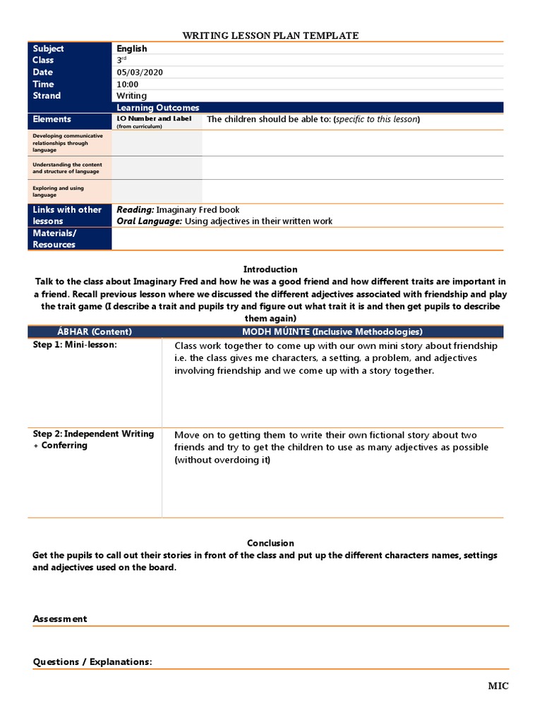 Writing Lesson Plan | PDF