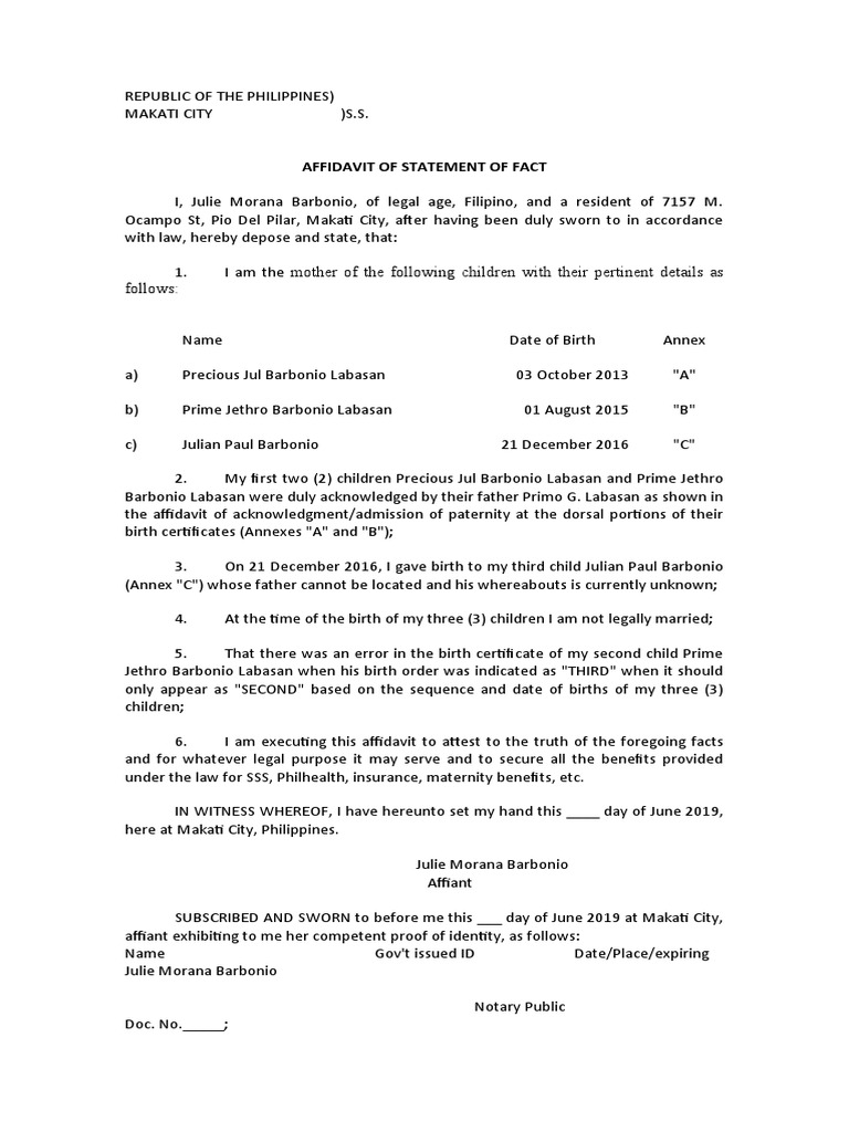 Affidavit of Statement of Fact Sample | PDF | Affidavit | Evidence