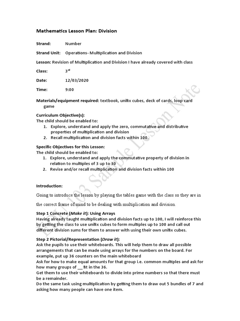 Mathematics Lesson Plan: Division | PDF | Multiplication | Group ...