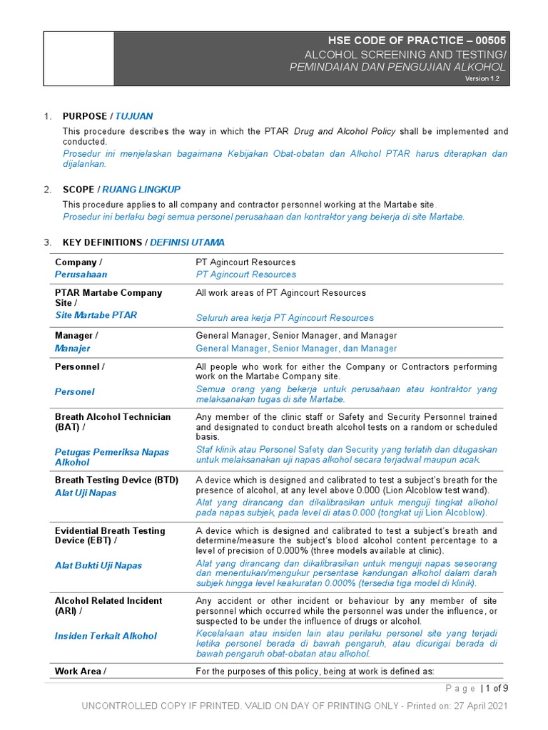 Alcohol Testing Procedure Guide | PDF | Alcohol | Ethanol