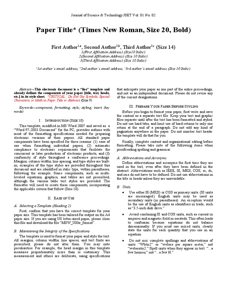 Full Paper Format Guidelines - JSET | PDF | Bracket | Note (Typography)