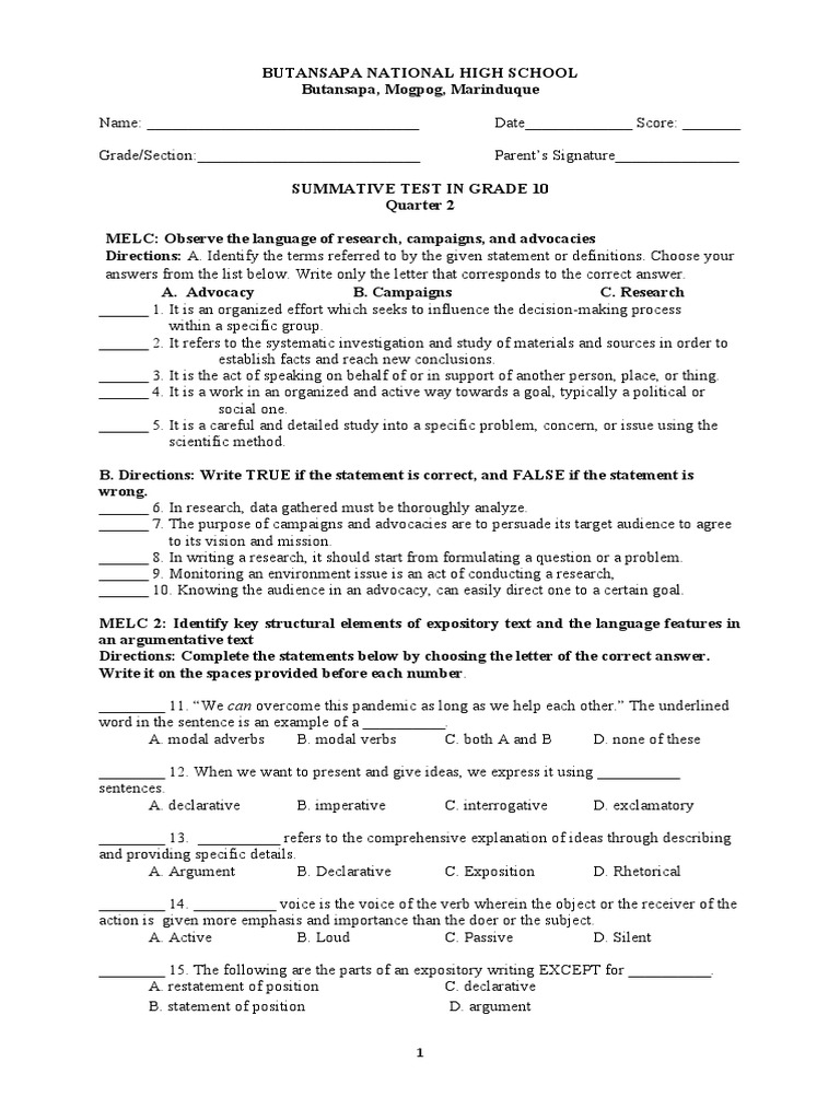 Grade 10 Quarter 2 Summative Test | PDF | Communication | Linguistics