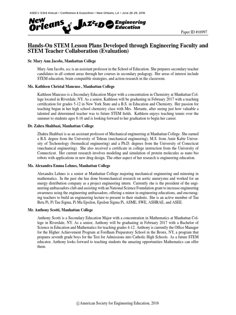 Hands On Stem Lesson Plans Developed Through Engineering Faculty and ...