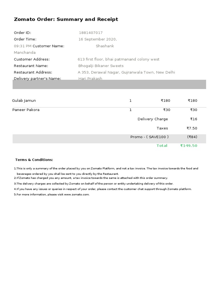 Zomato Order: Summary and Receipt | PDF