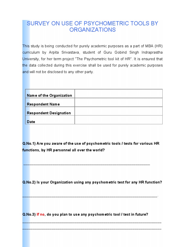 Survey On Use of Psychometric Tools by Organizations: If No | PDF ...