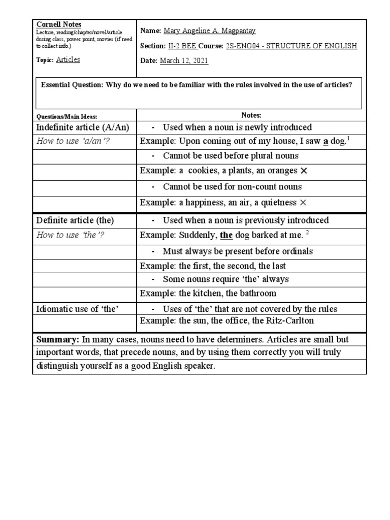Cornell Notes (Articles) | PDF | Noun | English Language