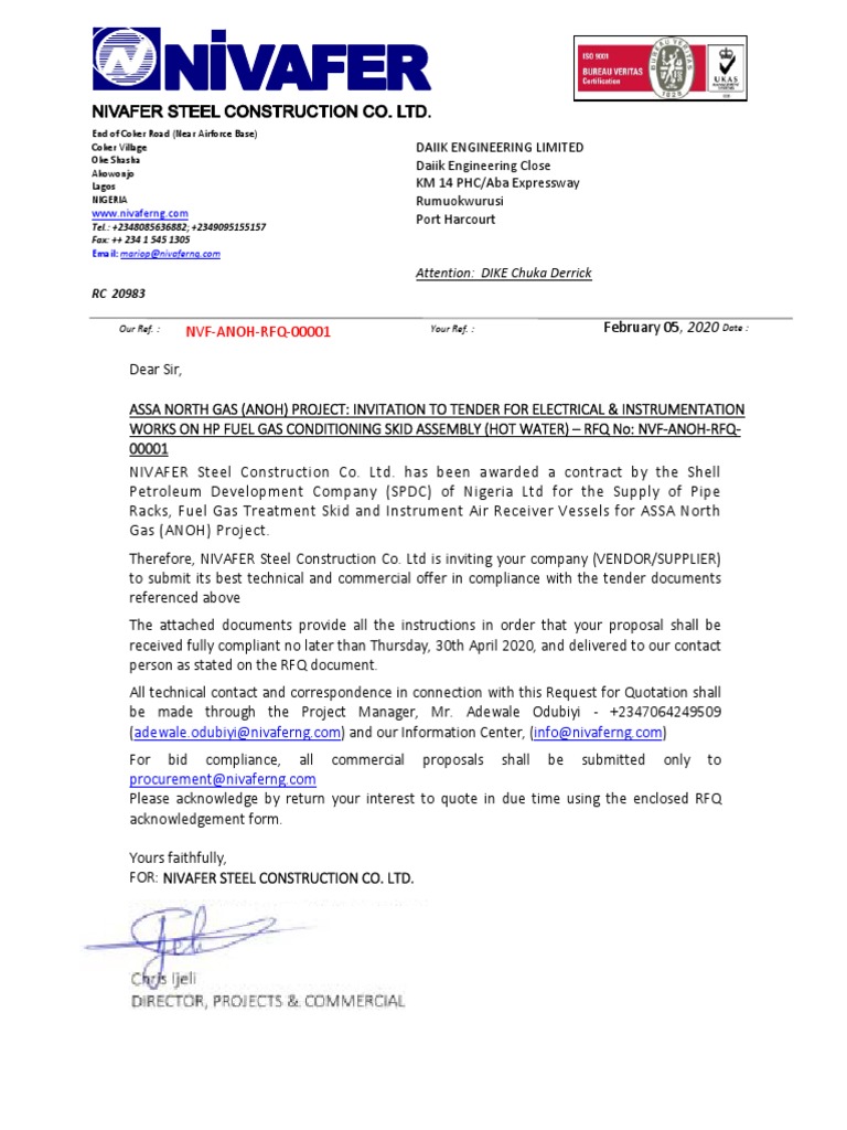 NVF Anoh RFQ 00001 - RFQ Cover Letter Daiik | PDF | Science | Engineering