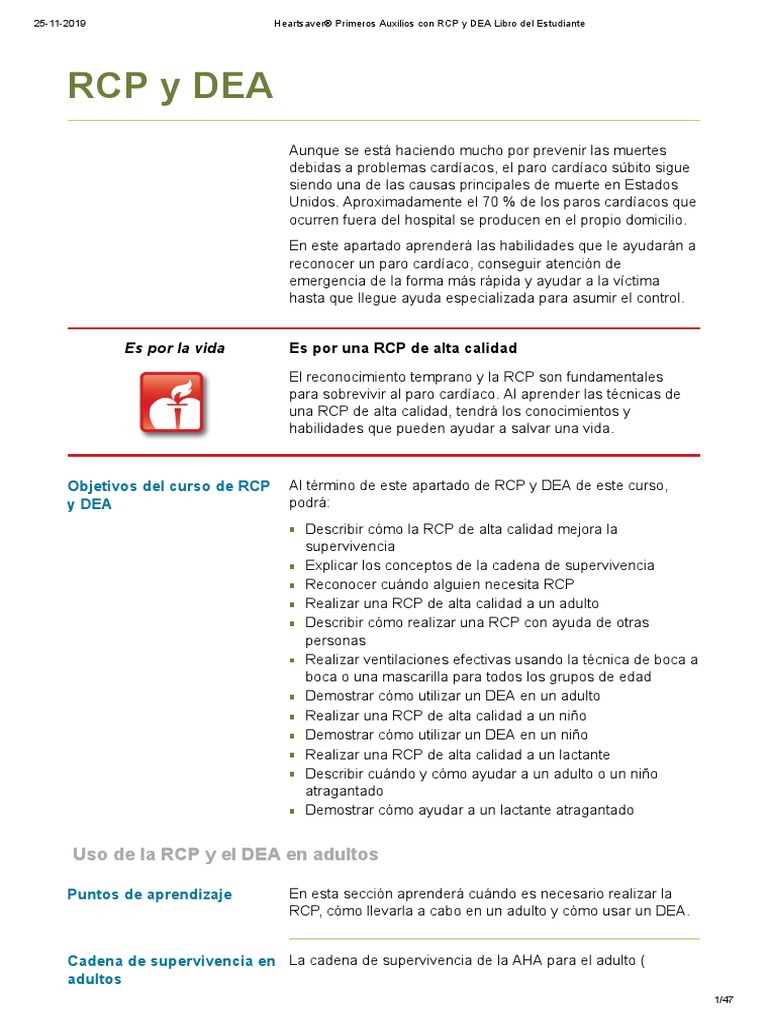 Heartsaver Primeros Auxilios Con RCP y DEA Libro Del Estudiante | PDF | Reanimación ...