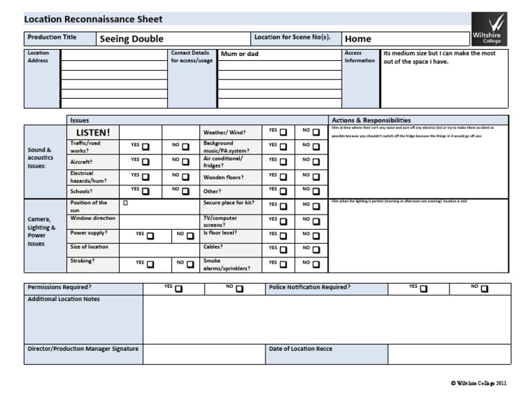 Location Reconnaissance Sheet Finished | PDF