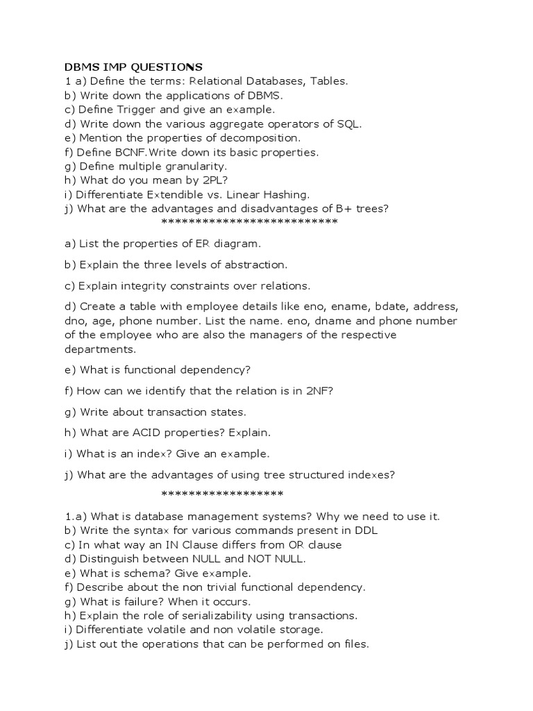 DBMS Important Questions Unit Wise | PDF | Pl/Sql | Databases