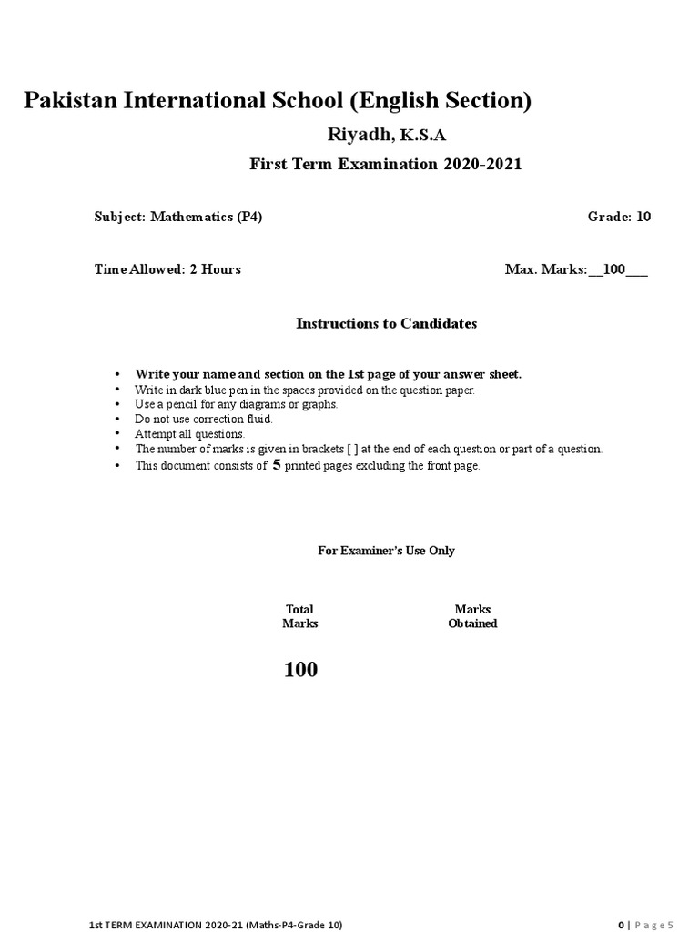1st Term 2021 G10 P4 Maths Online | PDF | Area | Sphere