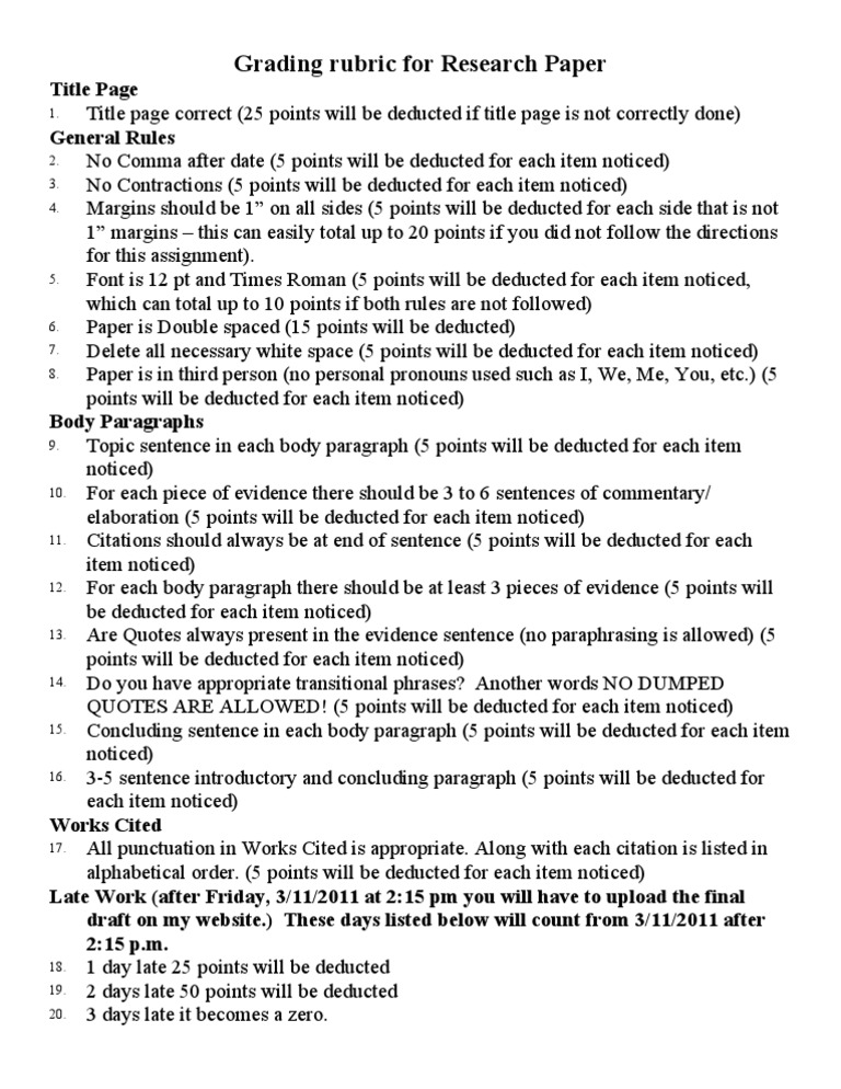 Grading Rubric For Research Paper: Title Page General Rules | PDF ...