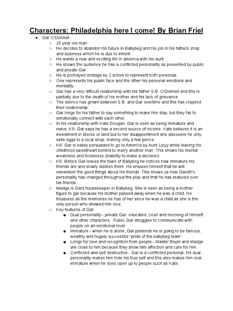 Characters: Philadelphia Here I Come! by Brian Friel | PDF