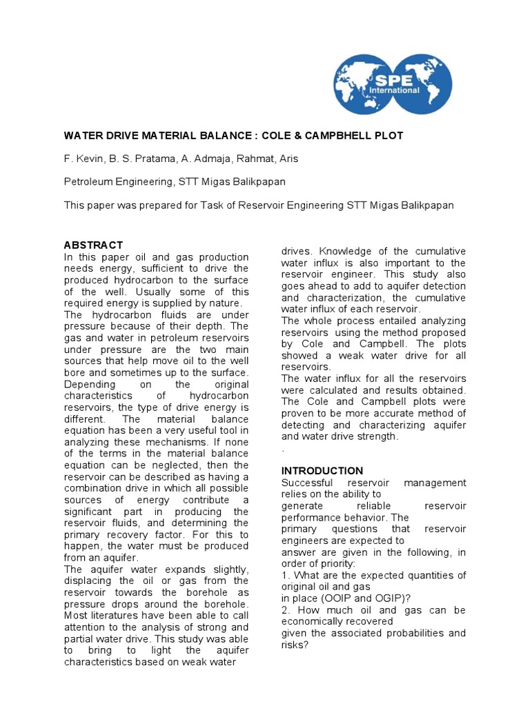 Water Drive Material Balance: Cole & Campbhell Plot | PDF | Petroleum ...