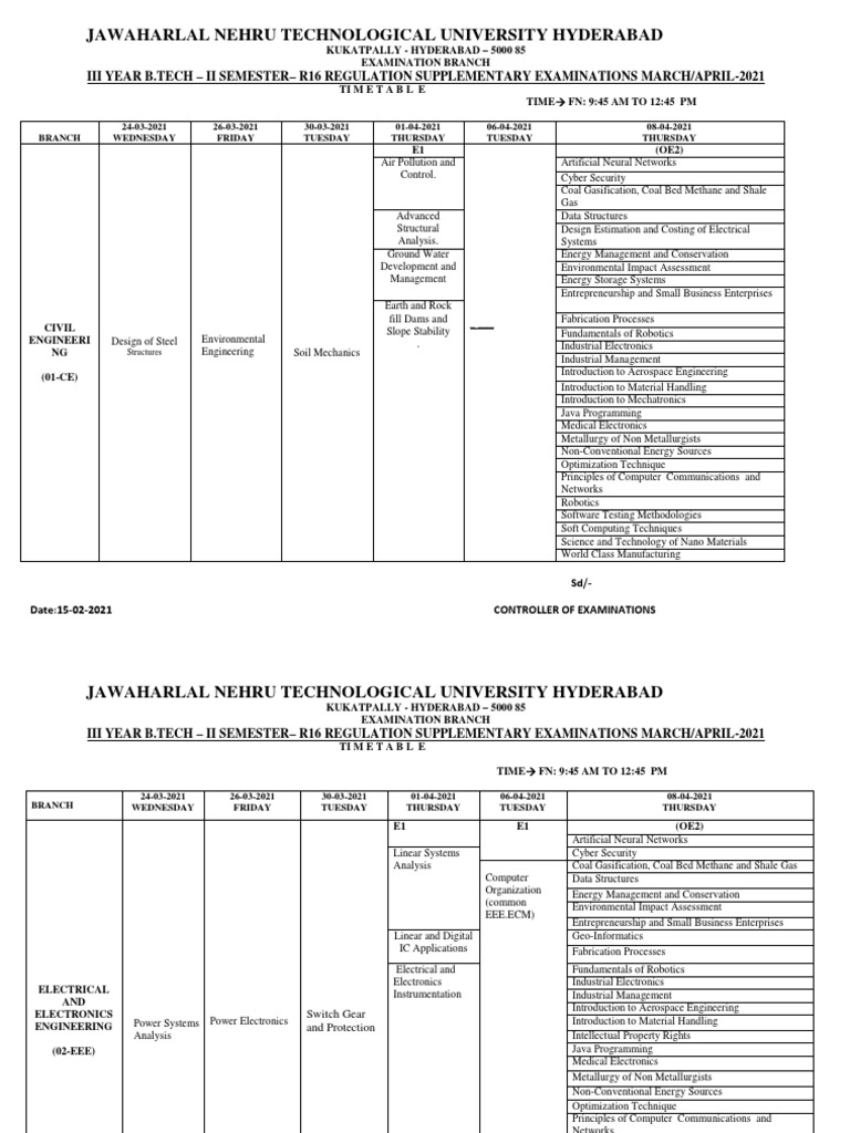 B.Tech Supplementary Exam Schedule | PDF | Robotics | Biomedical ...