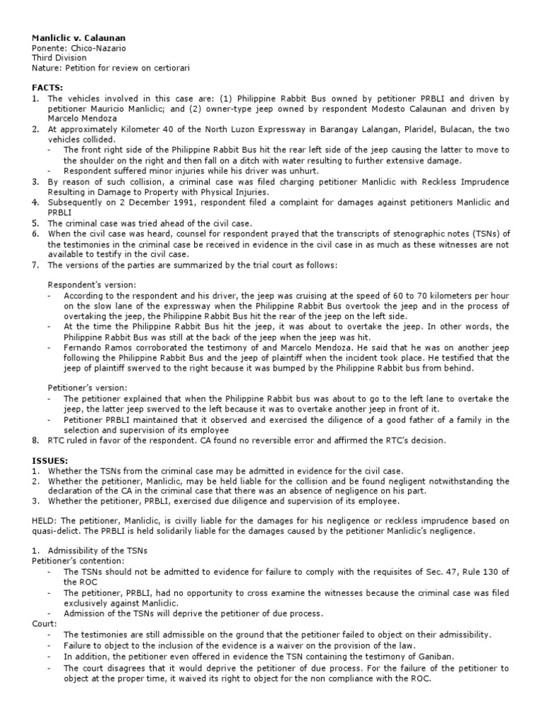 Manliclic v. Calaunan: Liability in Collision | PDF | Acquittal ...